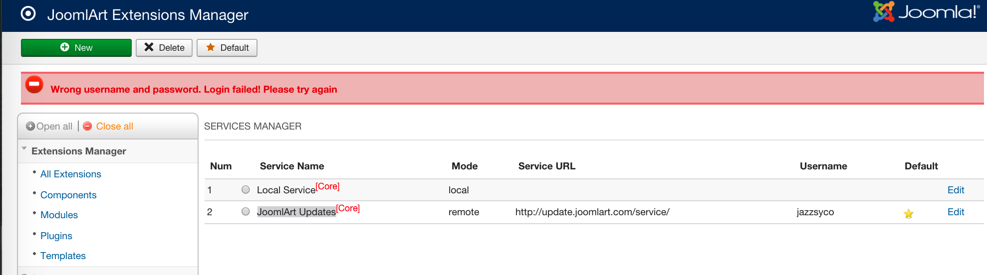 Extensions Manager Service Manager not accepting Username and password ...